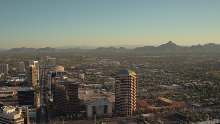 Pan Of The Downtown Phoenix Arizona Skyline, Left To Right, From Above ...
