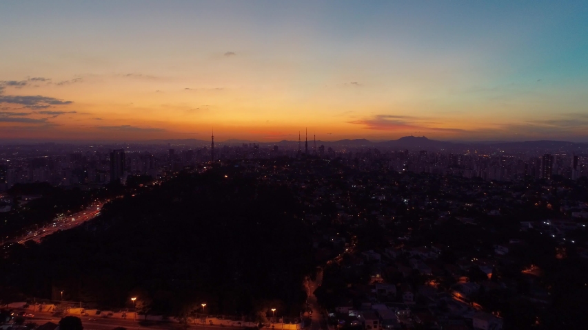 Dusk Skyline with skyscrapers and orange Skies in Sao Paulo, Brazil ...