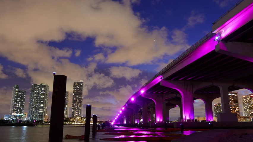 Time Lapse Shot Of Mc Arthur Causeway Bridge To Miami Beach At Night ...