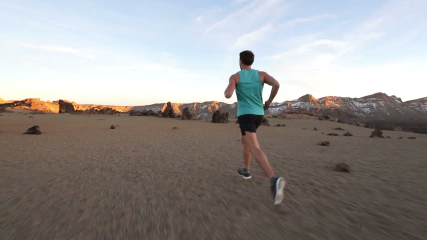 Fitness Sporty Young Man Running In Nature Landscape. Male Runner Is In ...