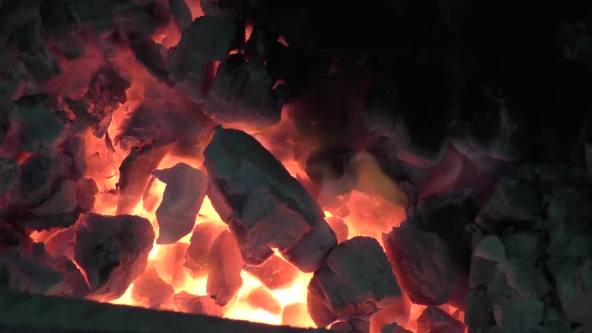 Burning Coal. Close Up Of Red Hot Coal Burning In A Stove. Slow Motion ...