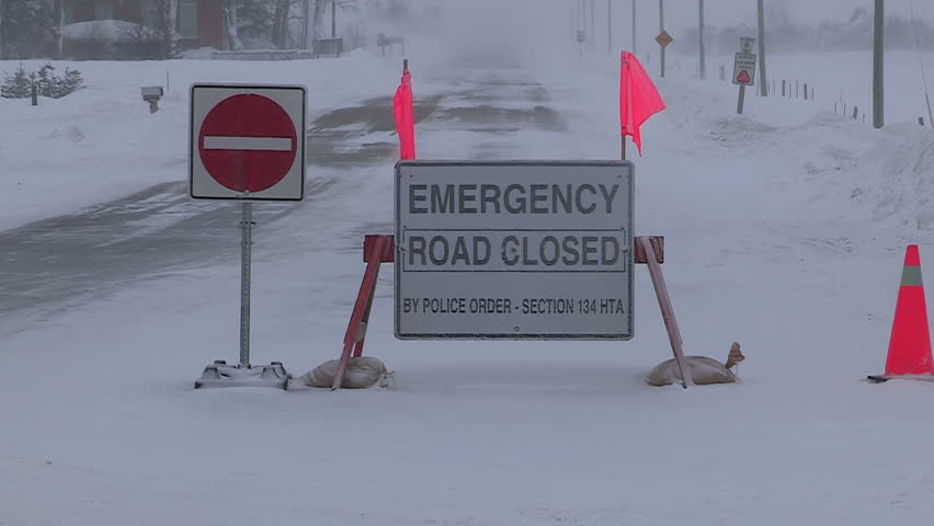 Ontario, Canada February 2014 Road Closed Sign In Winter Snow Storm And ...