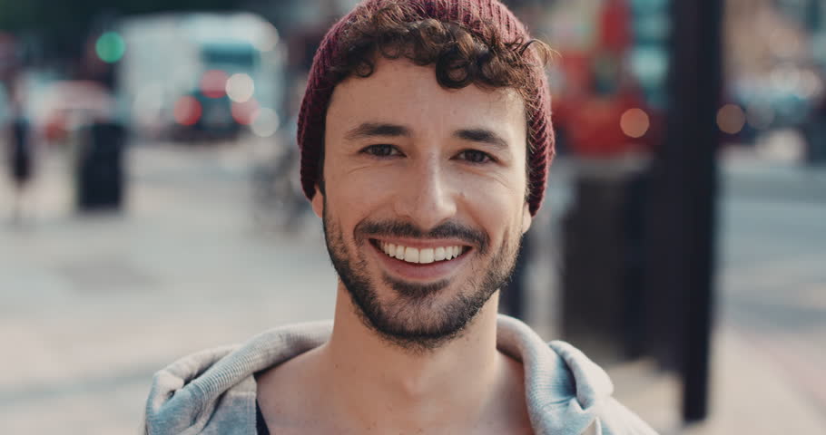 Slow Motion Portrait Of Happy Cute Caucasian Man Smiling In City Real