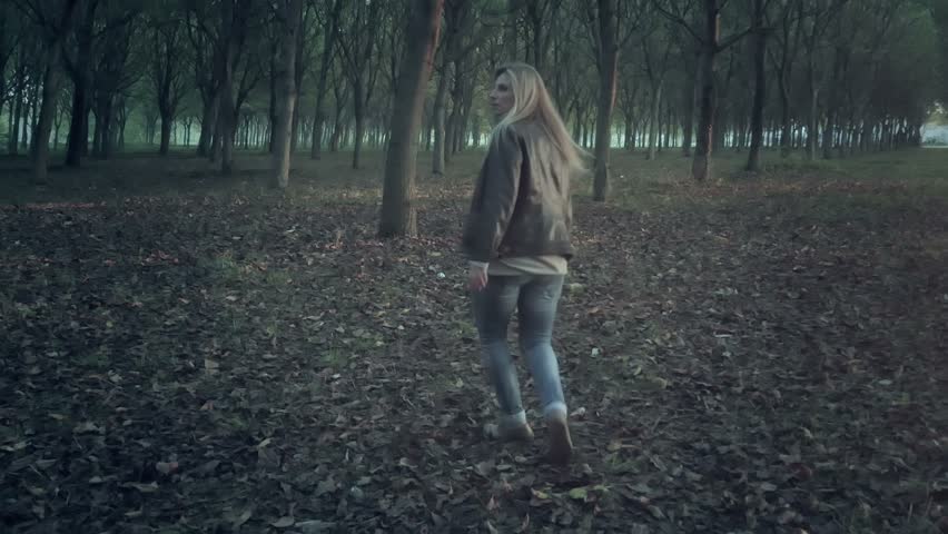 Scared Afraid Female Woman Runs Away Escape From Murderer Chasing Her ...