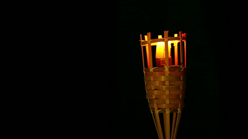 Flaming Tiki Torch Fire In Jungle Forest Darkness, Dusk. Firing Torch ...