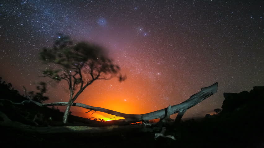 Hawaii Trees With Starry Night Sky And Active Volcano Fire In ...