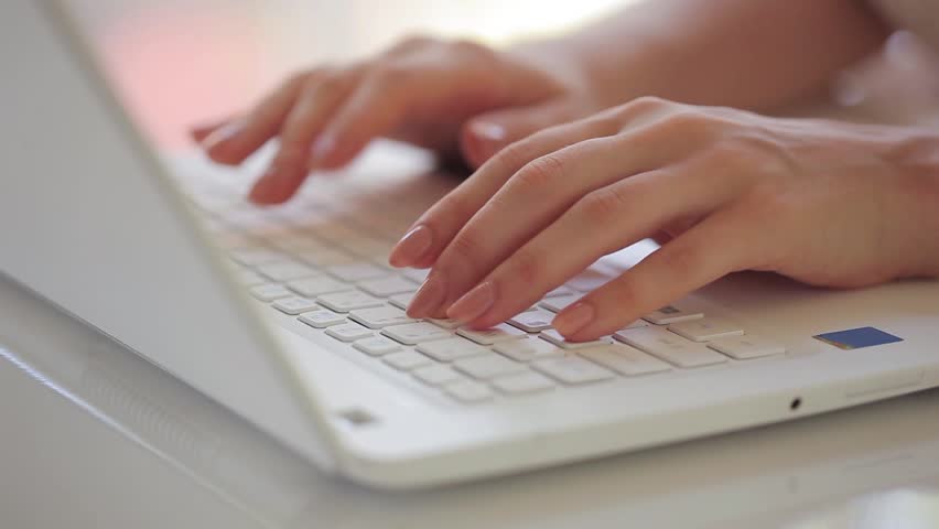 Focus Slowly Movement Of Hands Typing. Asian Business Woman Working On ...