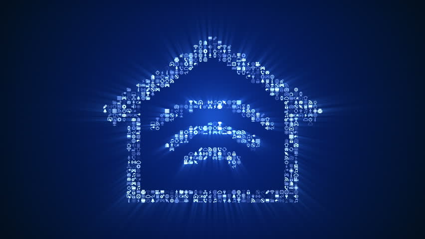 Different Digital Technology Icons Form A Smart Home Icon On Light Blue ...