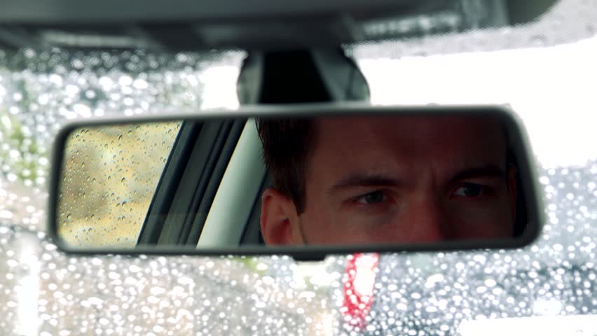 Man Looking At Camera Through Rear View Mirror, Man Driving Car, Driver ...