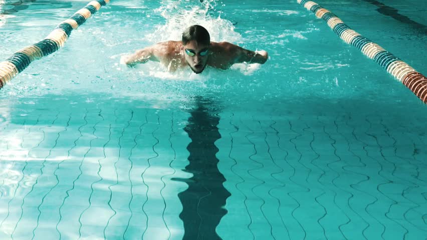 Swimmer In Action In Waterpool With Blue Water At Sunny Day. Slow ...