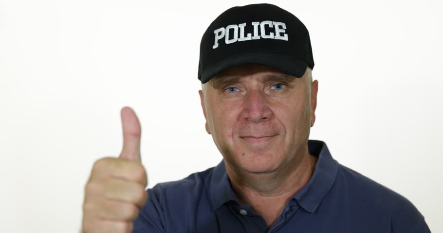 Policeman Looking Camera Police Man Hand Gesture Thumbs Up American Cop Portrait Ultra High