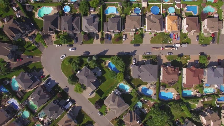 Aerial Overhead View Of Residential Neighborhood In The Suburbs Of ...