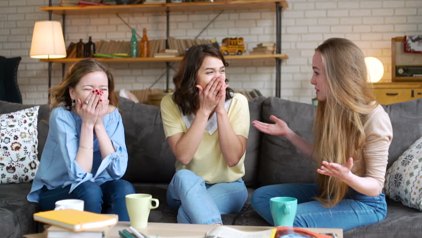 Three Young And Energetic Best Friend Girls Talk Together Emotionally ...