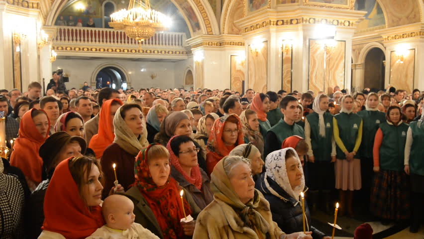 UFA, RUSSIA - APRIL 12: Congregation And The Liturgy During Easter Celebration In A Russian ...