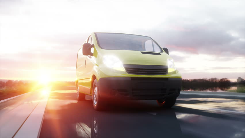 Yellow Delivery Van On Highway. Very Fast Driving. Transport And ...