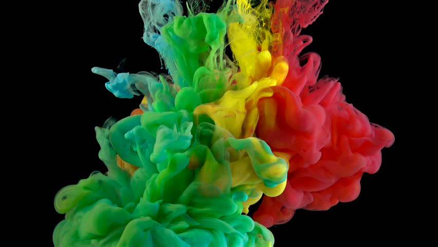 Colorful Rainbow Paint Drops From Above Mixing In Water. Ink Swirling ...
