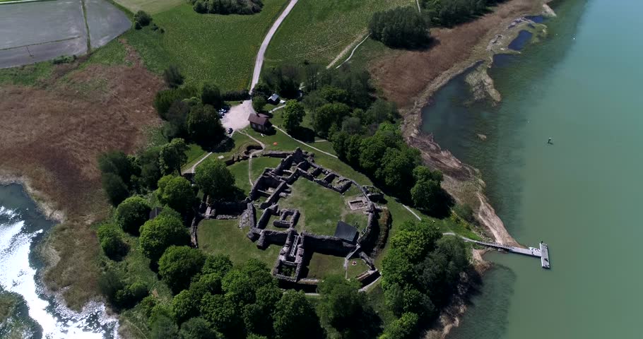 Kuusisto Castle Ruins, Cinema 4k Aerial View Of A Flight Up And ...