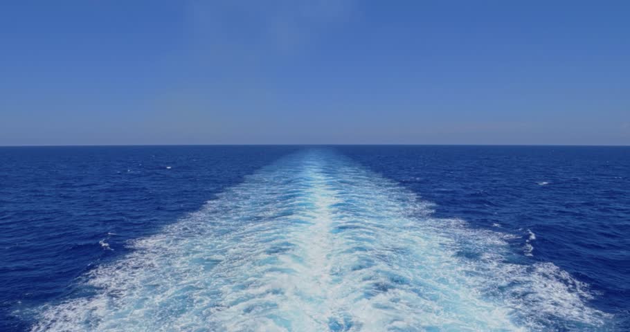 Wide Of Cruise Ship's Wake Or Water Trail In The Ocean With Ship ...