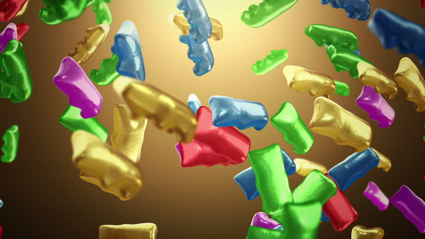 Animation Of Falling Jelly Candy Bears On Colorful Background ...