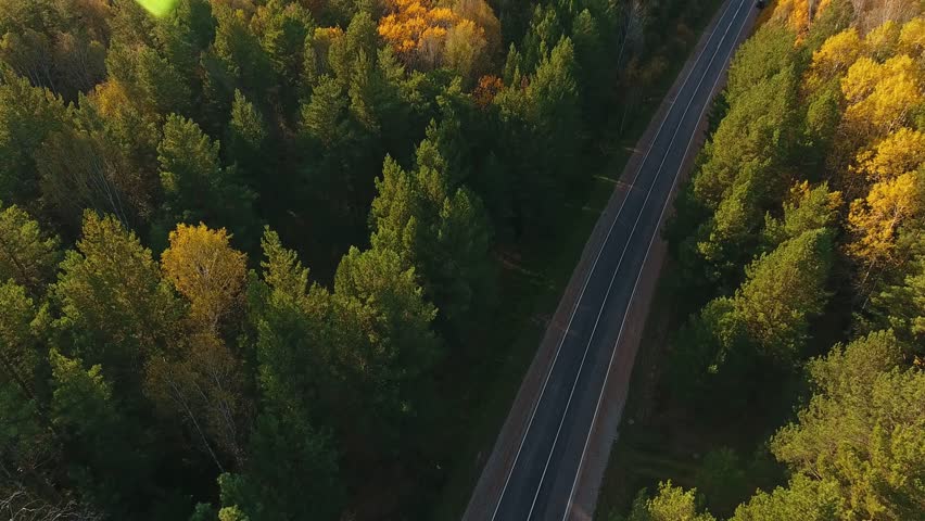 Flight Over The Highway Near The Forest, Car Traffic On The Highway ...