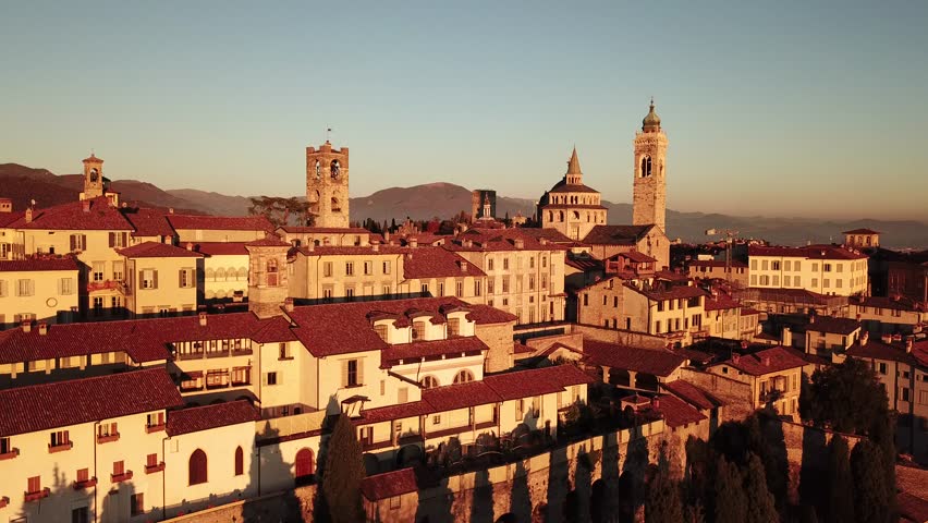 Bergamo, Italy, November 19, 2017. Drone Aerial View Of The Old City ...