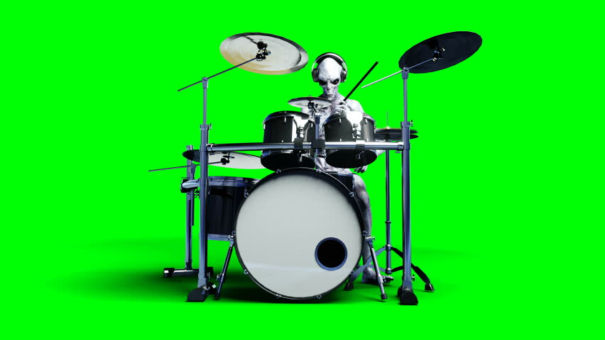 Funny Alien Plays On Drums. Realistic Motion And Skin Shaders. 4K Green ...