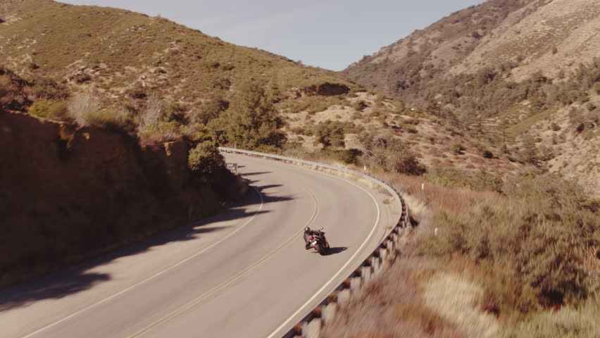 Aerial Shot Extreme Motorcyclist Riding Sport Bike Motorcycle On Curvy ...