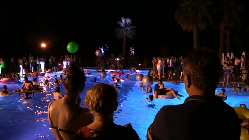 Night Summer Crowd Active Outdoor Poolside Dance And Swimming Party ...