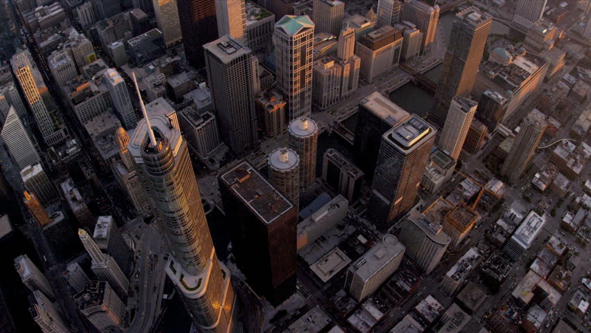 Aerial Overhead Sunrise View Chicago City Skyscrapers, Willis Tower ...