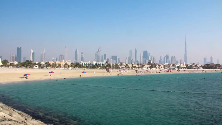 Jumeirah Beach, Persian Gulf, Dubai Downtown And Burj Khalifa, United ...