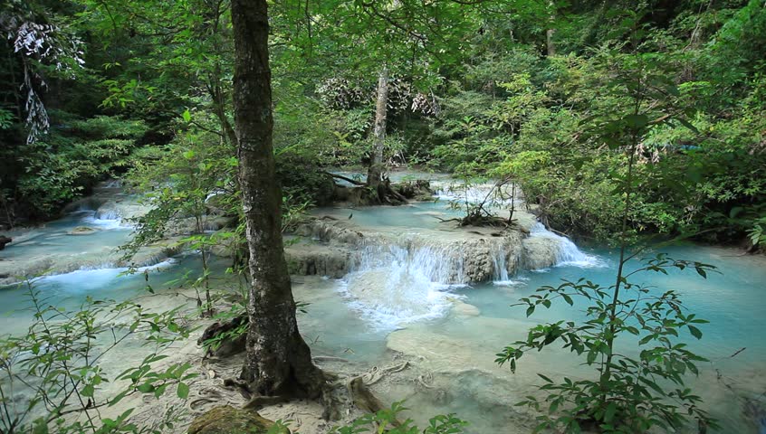 Jungle Landscape With Flowing Turquoise Water Of Erawan Cascade ...