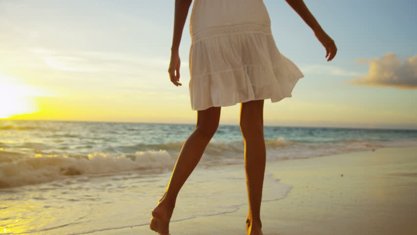 Happy Latin American Girl Enjoying Walking Beach On Luxury Island At ...
