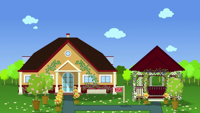 Animated Background With Rural Landscape With Country Houses, Trees And ...