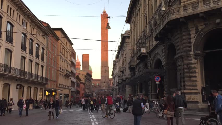 Bologna, Italy - Circa 2016: Via Rizzoli Street View With Famous Two ...