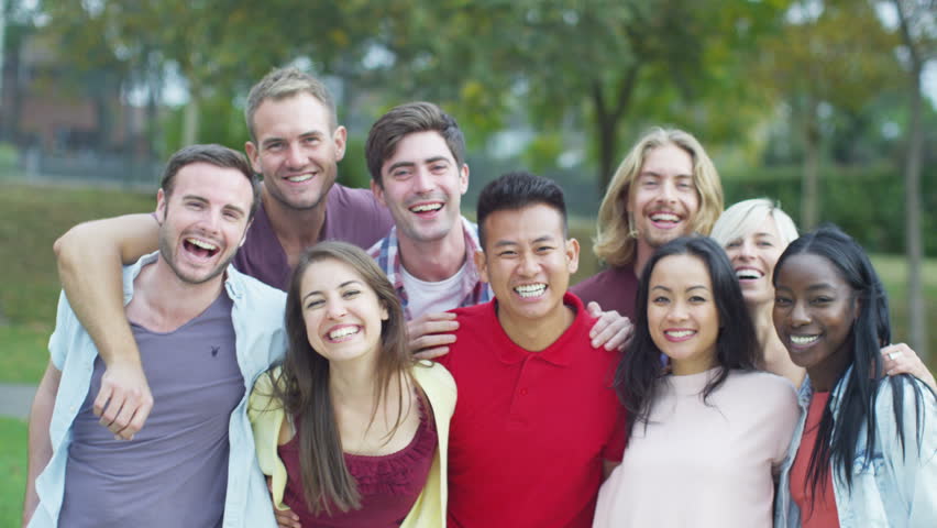 4K Happy Close Group Of Mixed Ethnicity Friends In Natural Outdoor ...